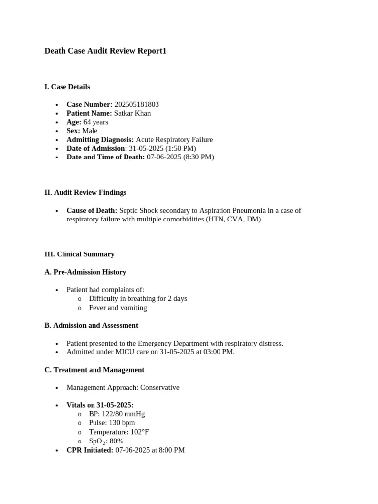 Death Case Audit Review Report1 | PDF | Sepsis | Pneumonia