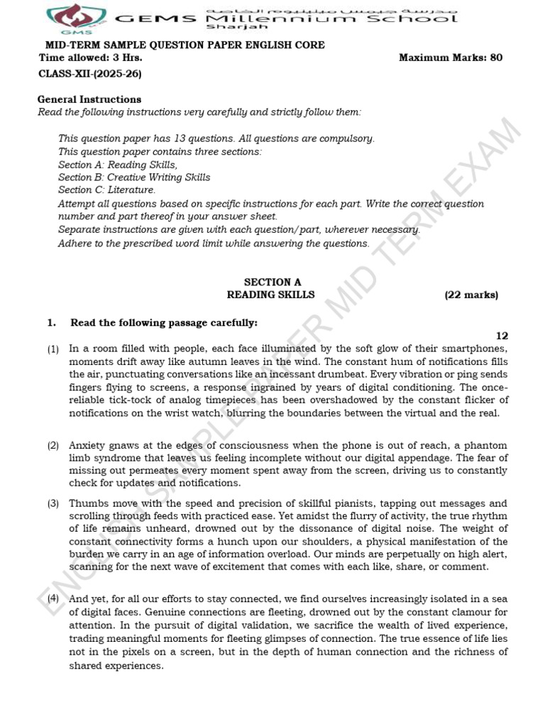 Class 12 English Mid-Term Sample Paper 2025 | PDF | Adolescence