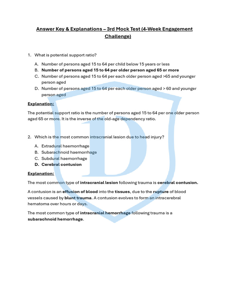 3rd Mock Test Answer Key & Explanations | PDF | Retinal | Medical ...