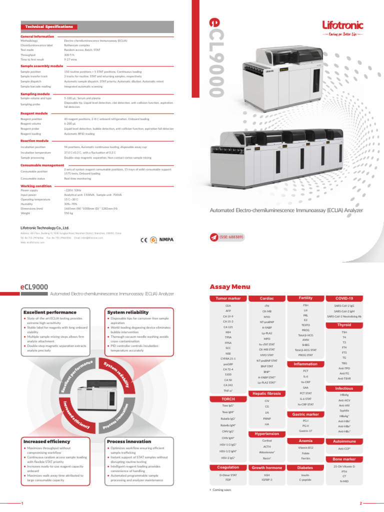 Lifotronic ECL9000 Analyzer Specs | PDF | Immunoassay | Medical Specialties