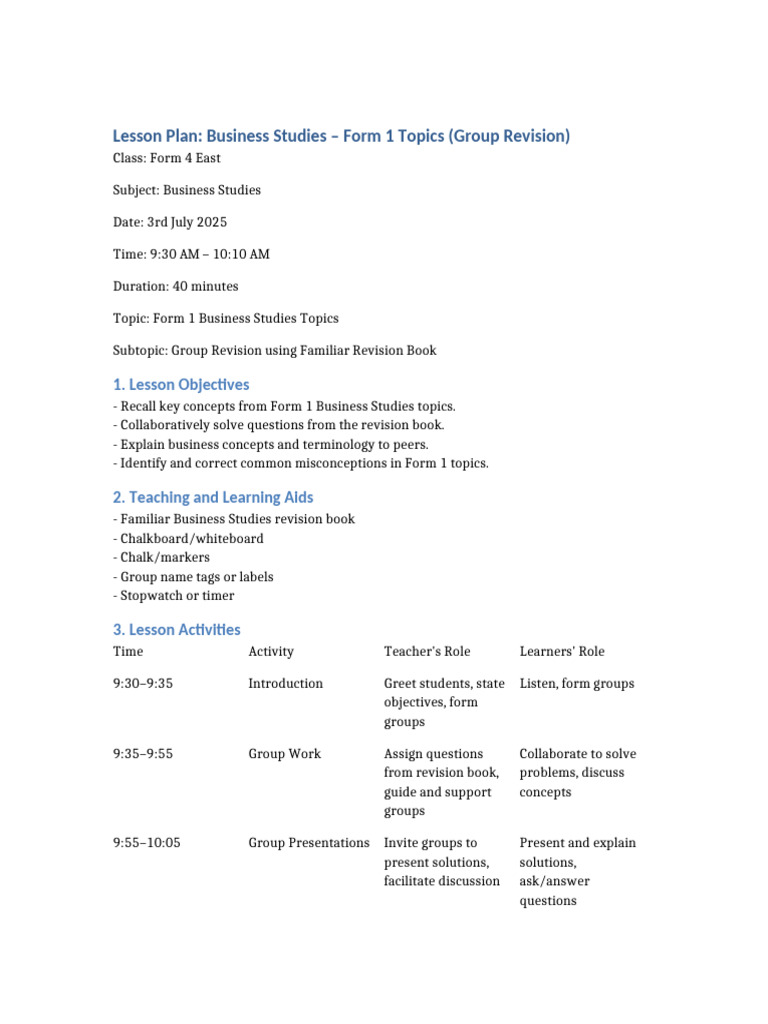 Business Studies Group Revision Plan | PDF