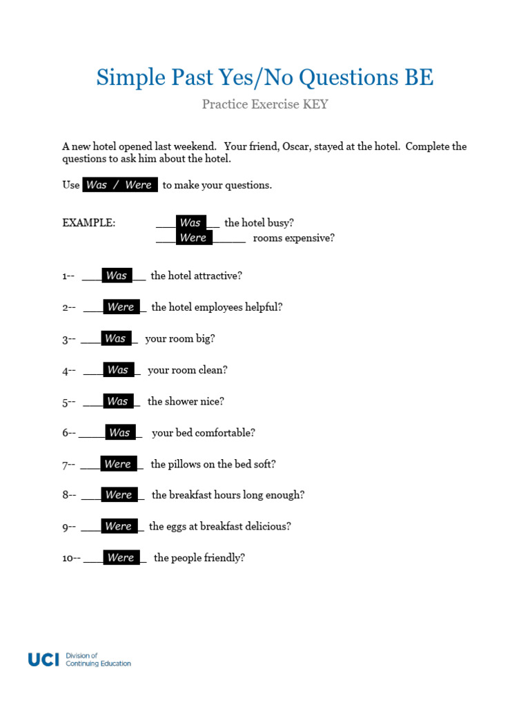 C3M3L1 - KEY - Simple Past Yes No Questions BE Practice Exercise KEY | PDF