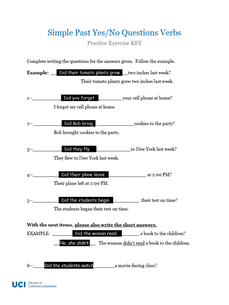 C3M3L2 - KEY - Simple Past Yes No Questions Verbs Practice Exercise KEY ...