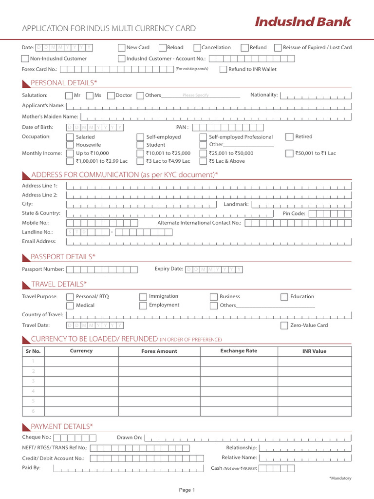 Indus Multi Currency Card Application Form Indus New | PDF | Reserve ...