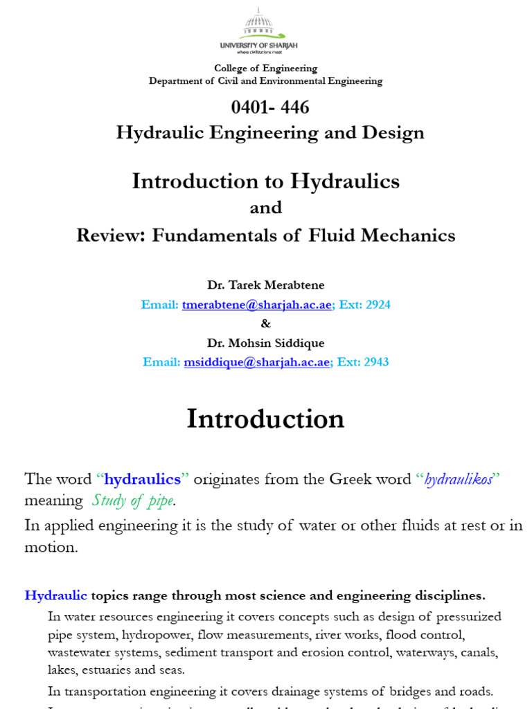 Introduction To Hydraulics and Review Fu | PDF | Fluid Dynamics | Viscosity