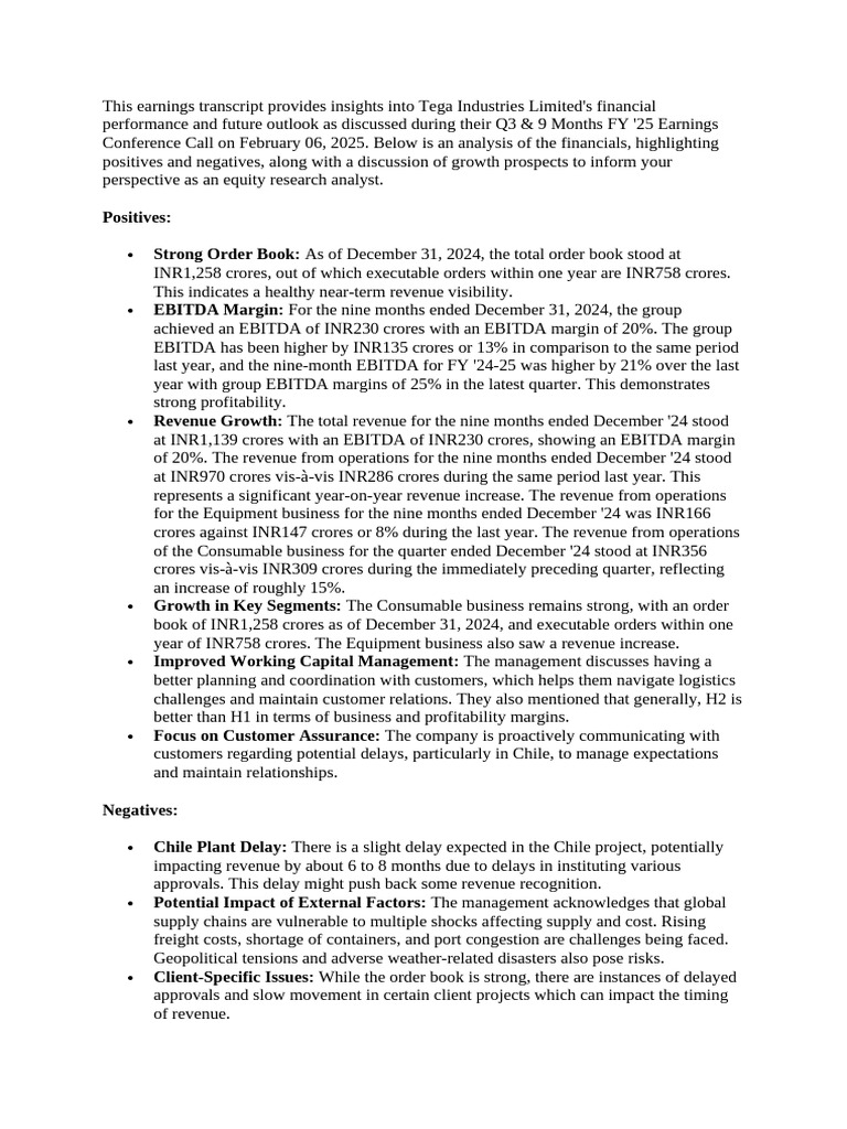 This Earnings Transcript Provides Insights Into Tega Industries Limited | PDF | Valuation ...