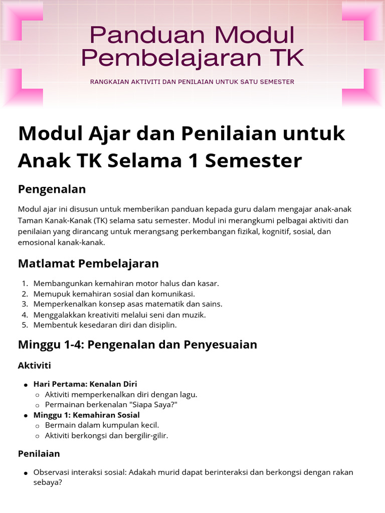 Modul Pembelajaran TK: Aktiviti & Penilaian | PDF