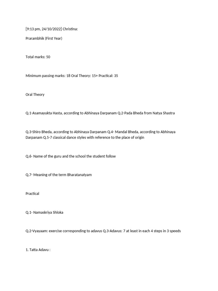 Madhyama Pratham Bharatanatyam Syllabus | PDF | Performing Arts | Dances