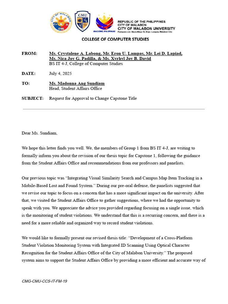 Request For Capstone Title Approval | PDF