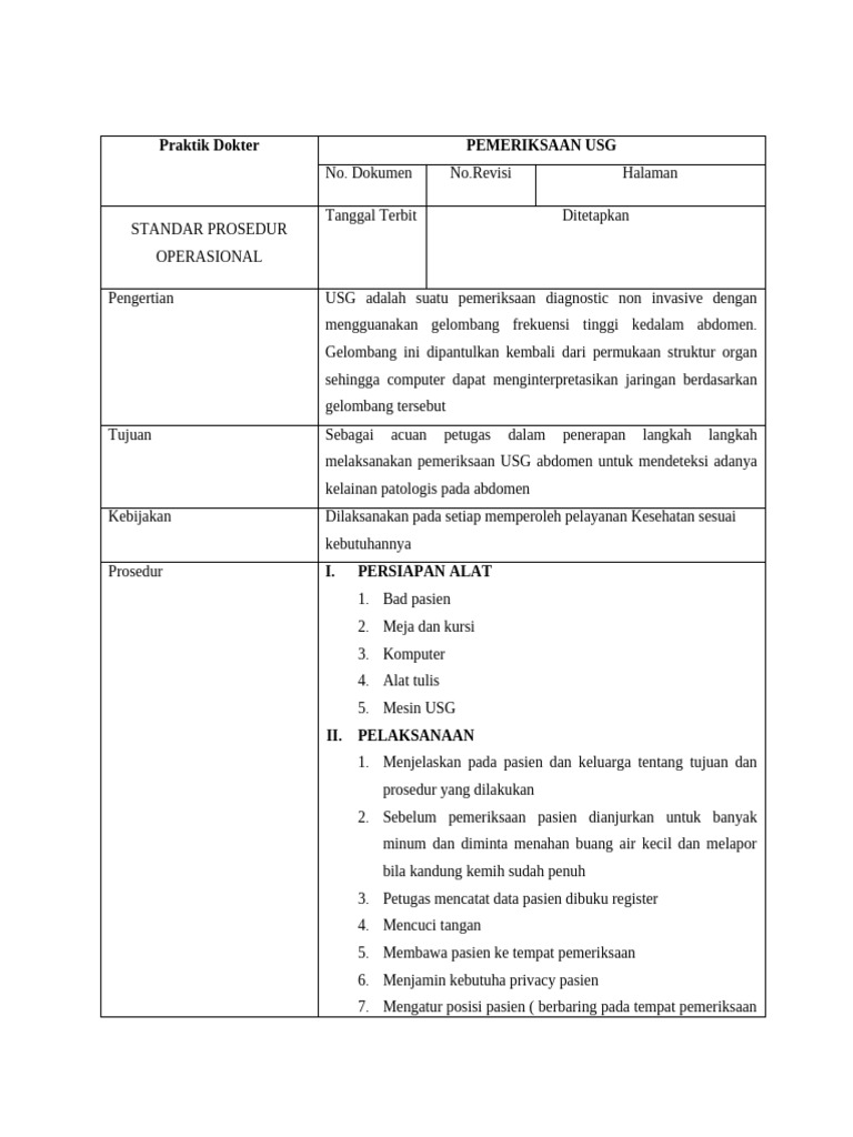 Sop Pemeriksaan Usg | PDF