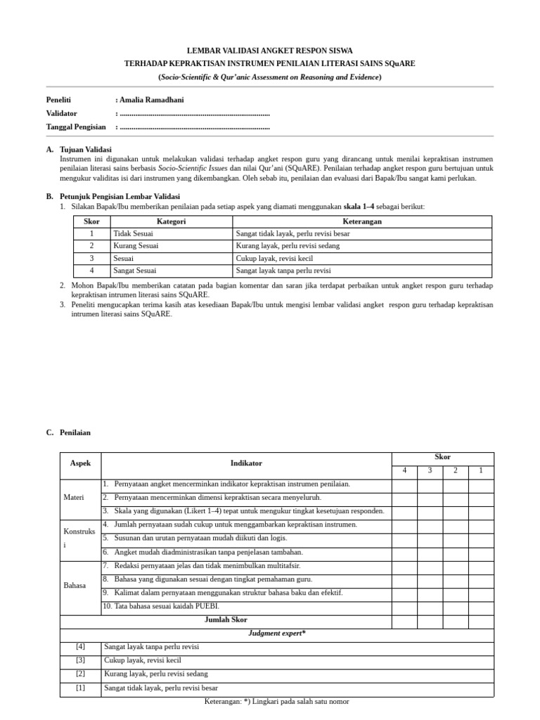 Lembar Validasi Angket Respon Siswa | PDF