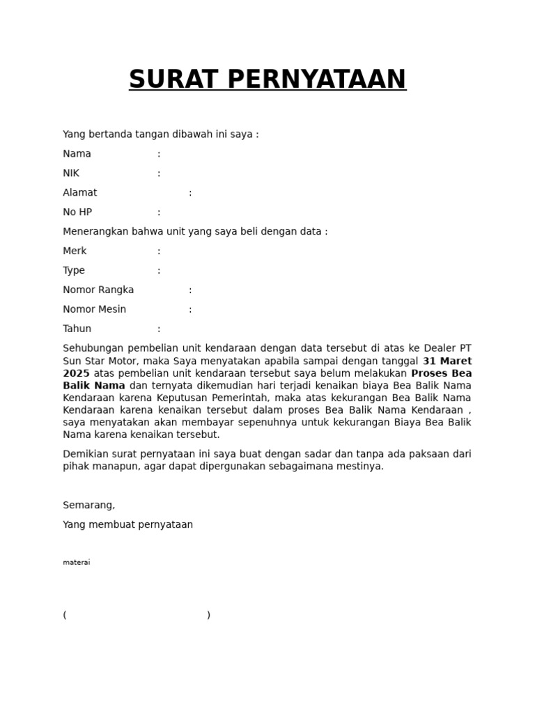 Surat Pernyataan Bea Balik Nama MRT 25 | PDF