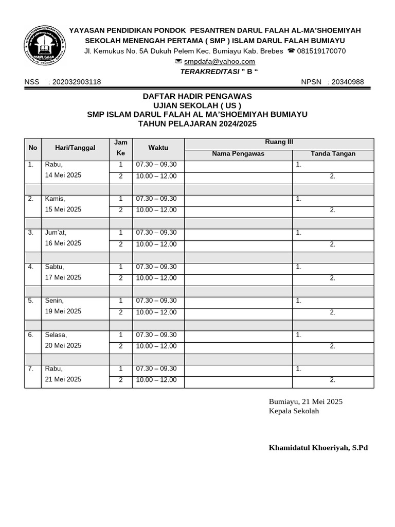 Daftar Hadir Pengawas Ujian Sekolah 2025 | PDF