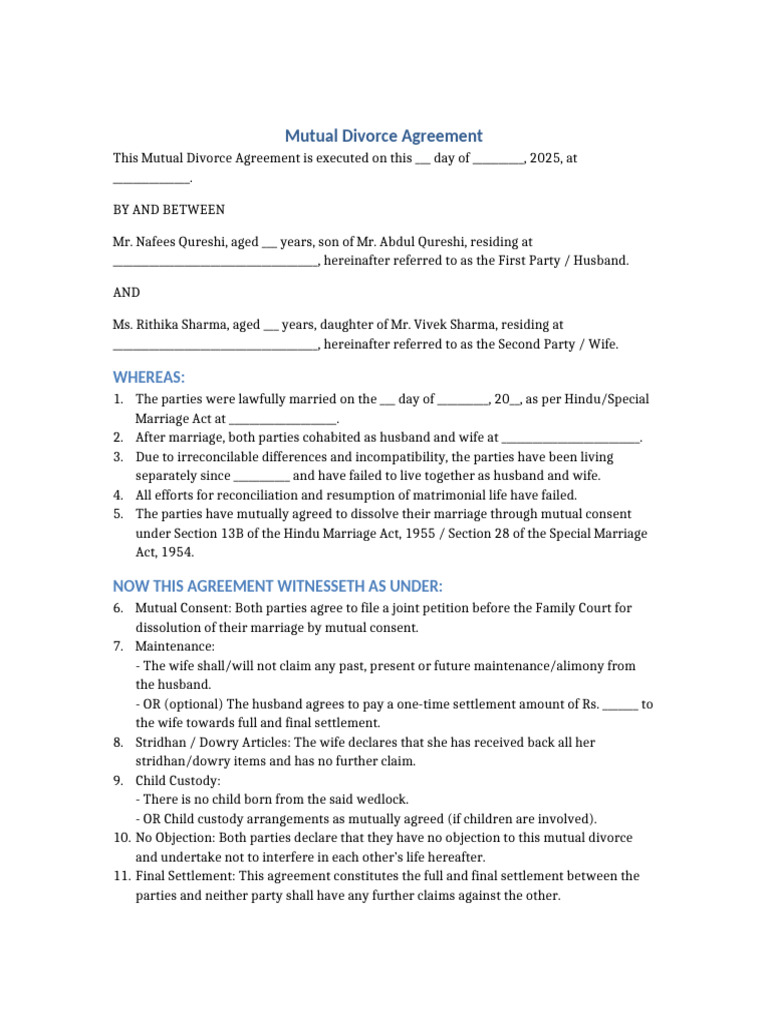 Mutual Divorce Agreement India Style | PDF | Marriage | Divorce