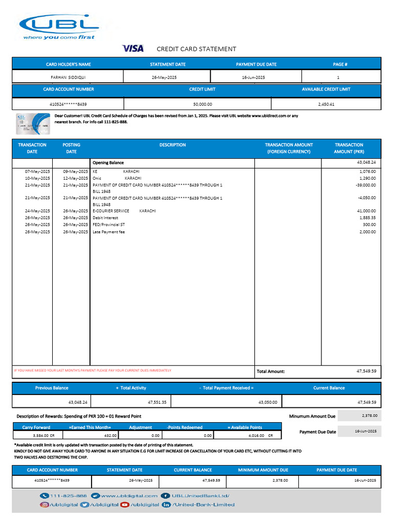UBL Credit Card Statement Overview | PDF | Credit Card | Payments