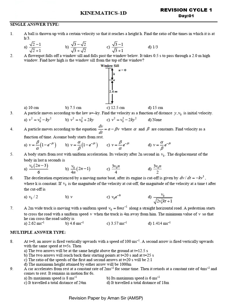 Kinematics 1D JEE Main Worksheet | PDF | Acceleration | Velocity
