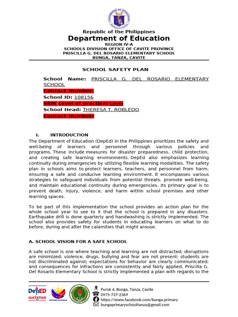 Pgdres - School Safety Plan | PDF | First Aid | Emergency Management