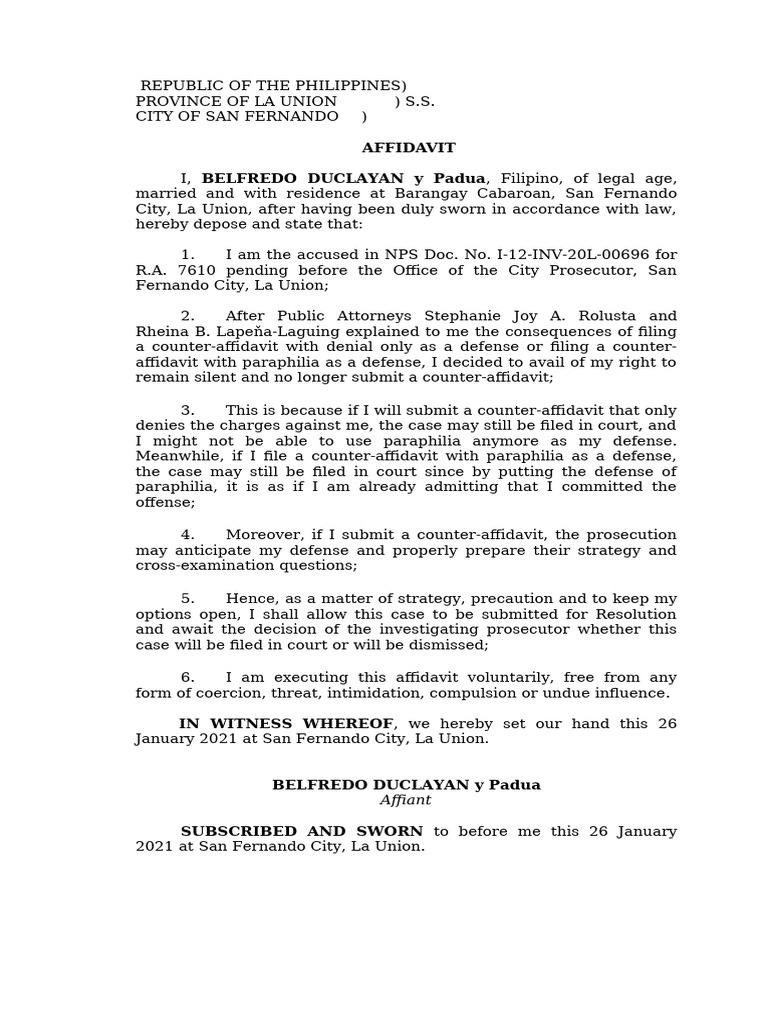 Affidavit Belfredo Duclayan y Padua | PDF