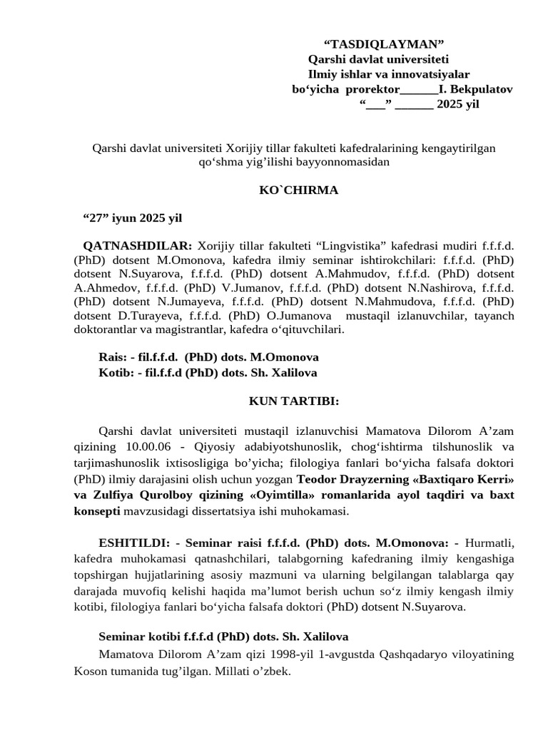 (Dilorom) Ilmiy Ish Baj. Muassasa Xulosasi. | PDF