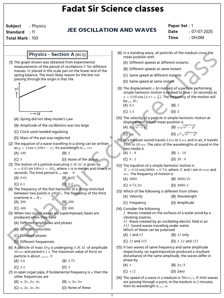JEE Oscillation and Waves Exam Paper | PDF | Waves | Sound