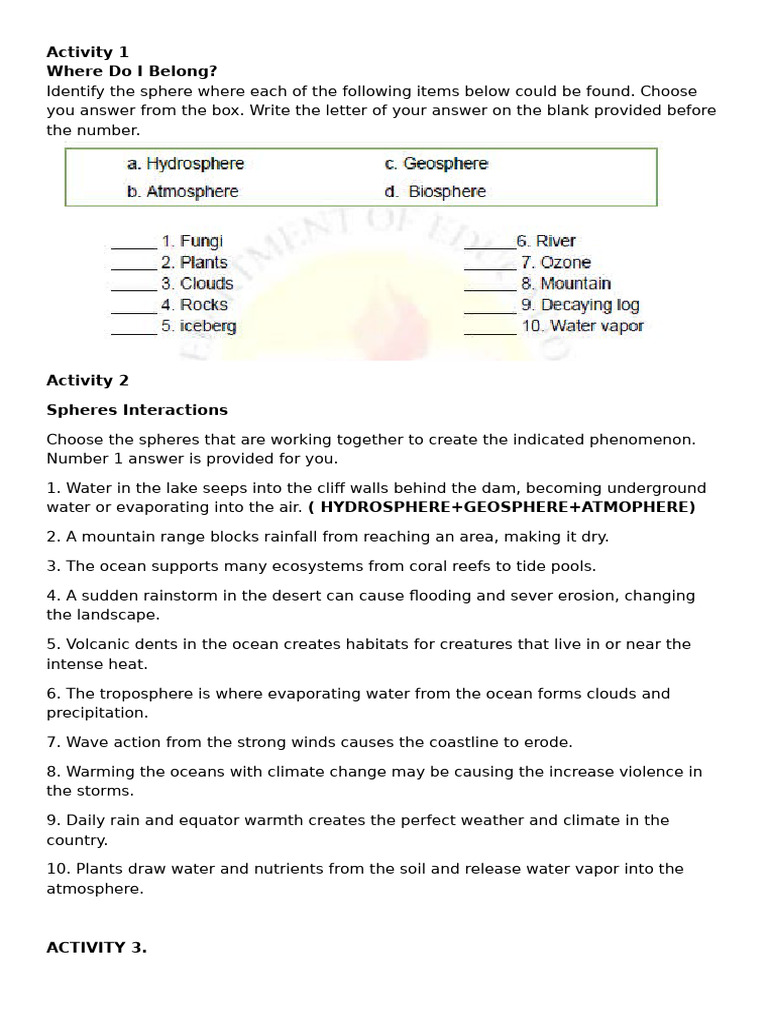 Activity and Performance Task For Earths Spheres | PDF