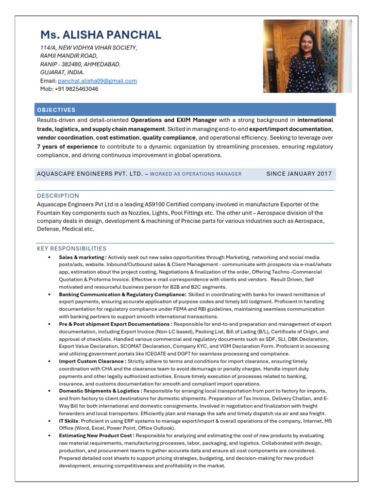 Alisha - Operations Manager - 7 Yrs 0 Month | PDF | Logistics | Cargo