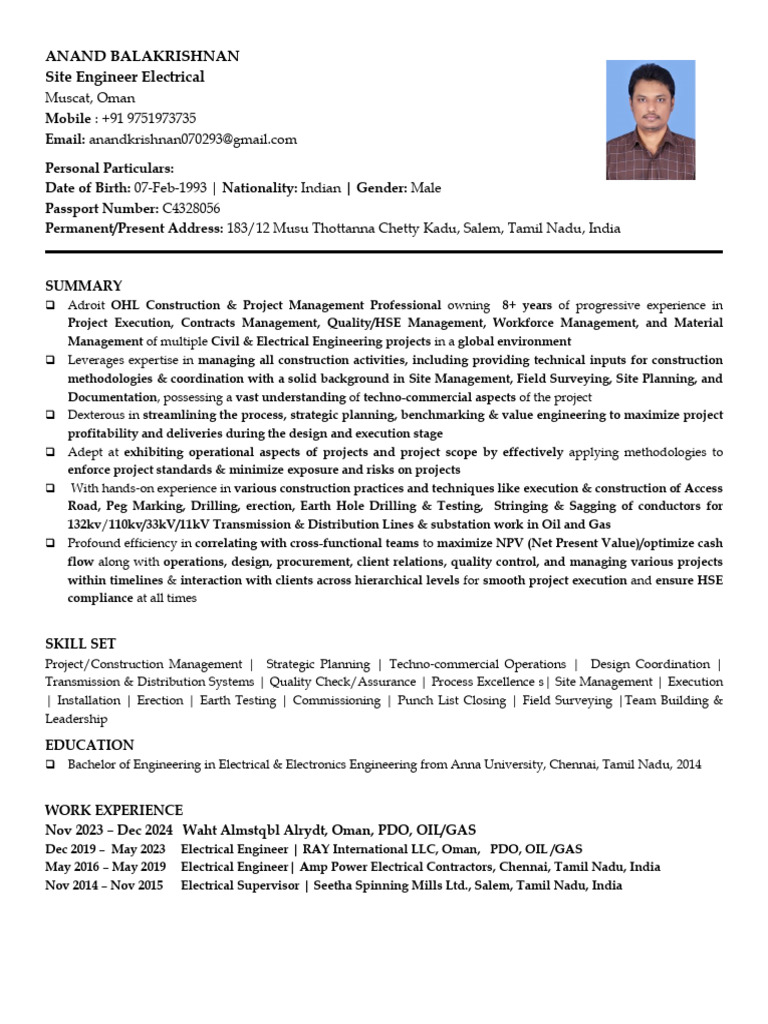 Anand Balakrishnan - Electrical Engineer - 8 Yrs 0 Month | PDF ...