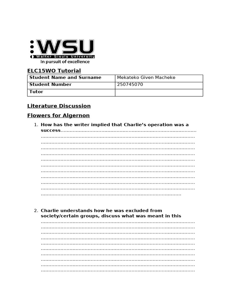 ELC15WO Tutorial II Flowers For Algernon Students | PDF