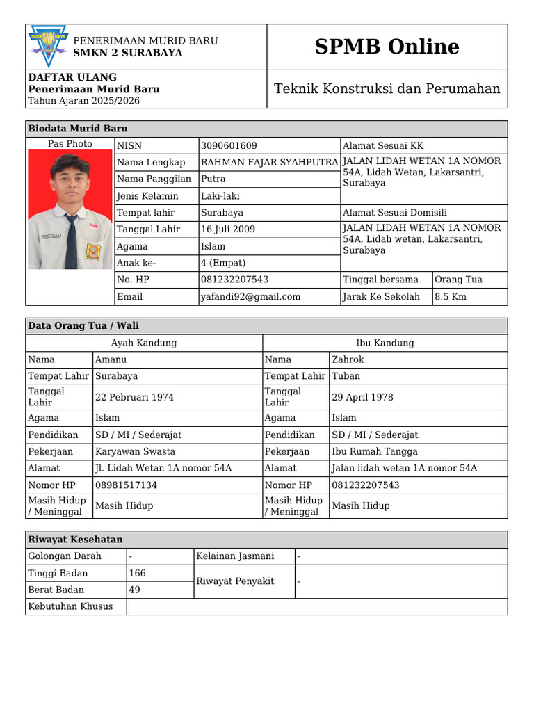 Bukti Daftar Ulang Rahman Fajar Syahputra | PDF