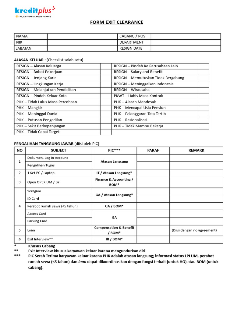 Contoh Formulir Exit Clearance | PDF