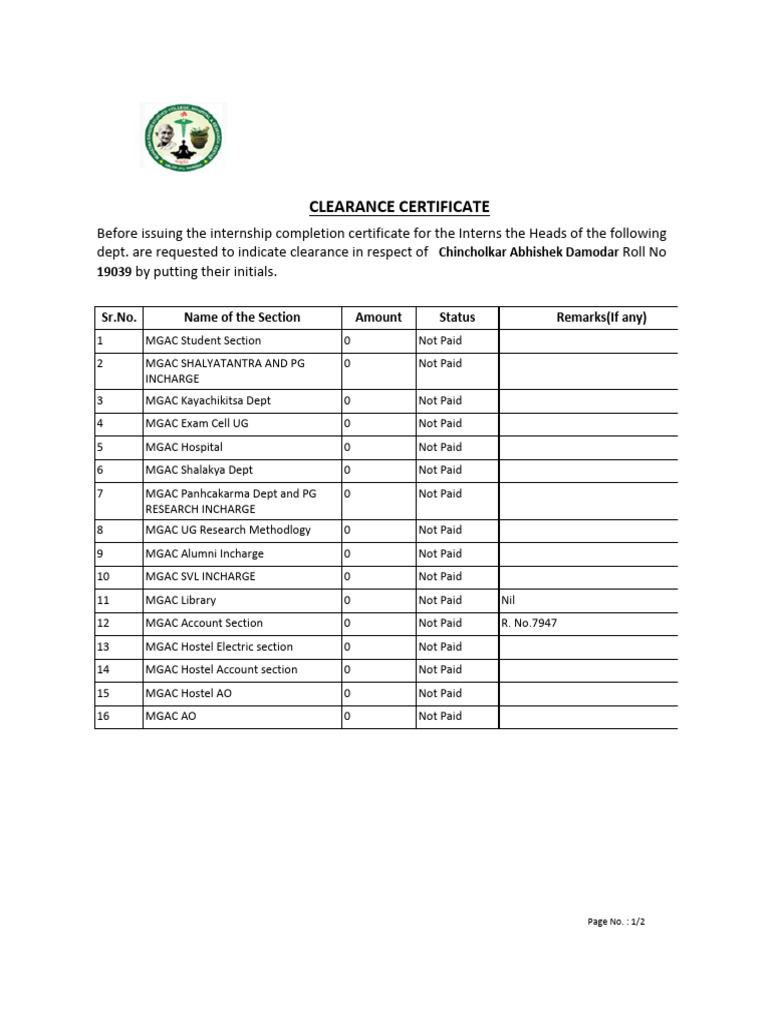 Internship Clearance Certificate Process | PDF