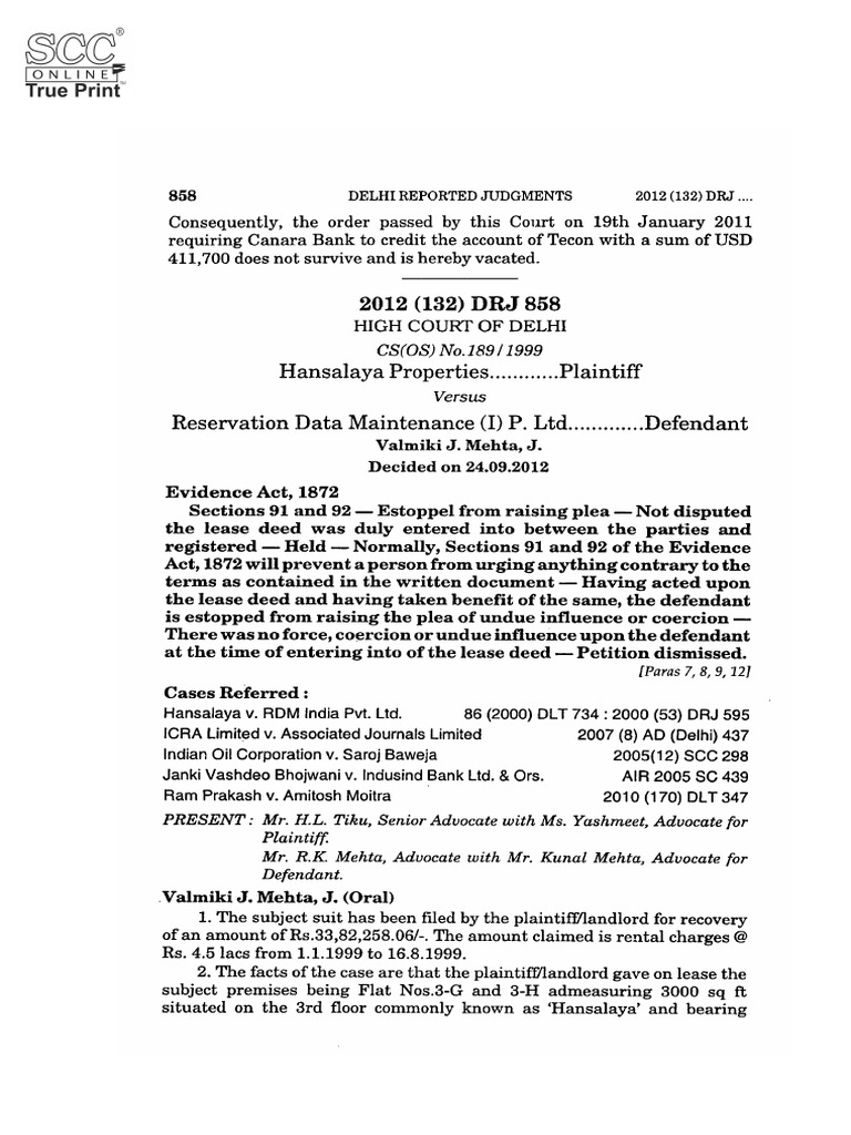 Hansalaya Properties v. Reservation Data Maintenace | PDF