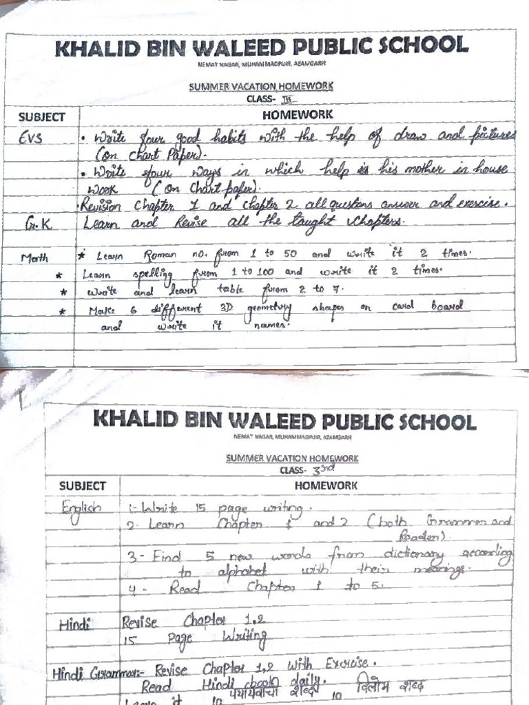 Class 3rd Summer Vacation Homework | PDF