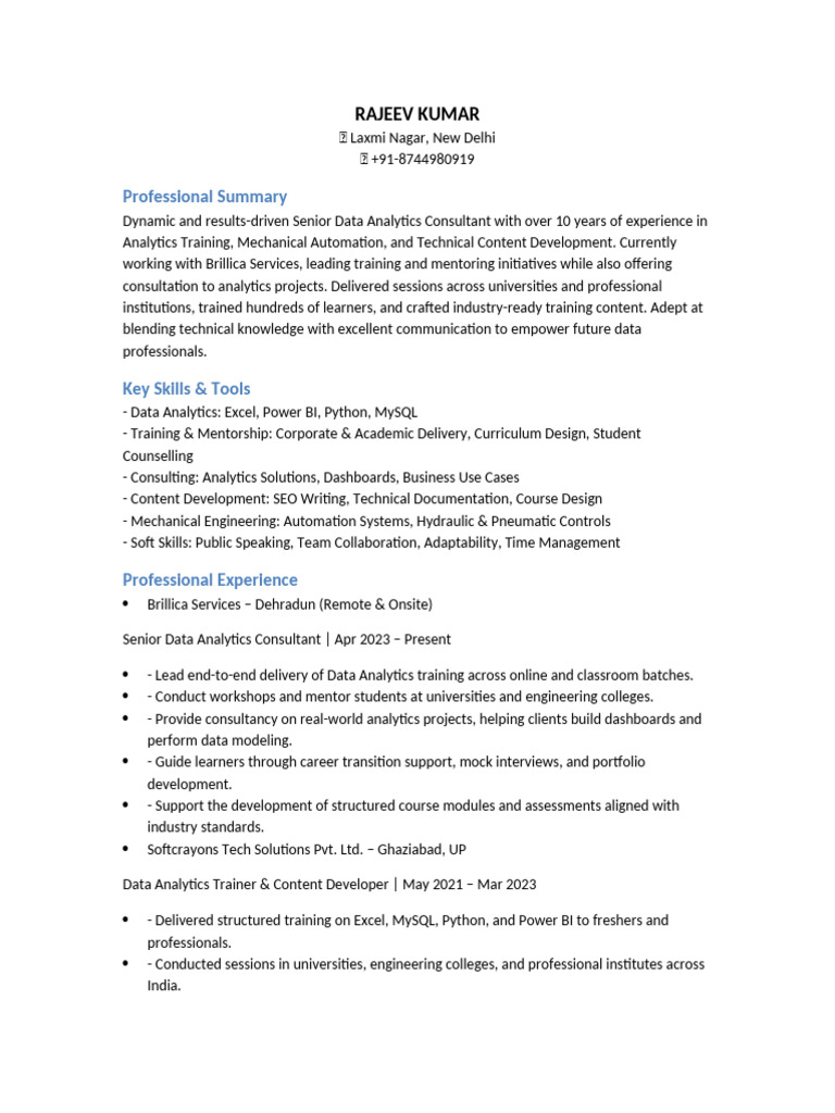 Rajeev Kumar Professional CV | PDF | Mentorship | Analytics