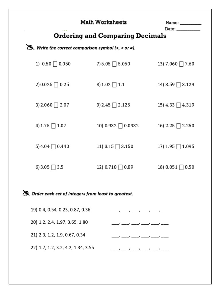 In 4 Ordering and Comparing Decimals WS2 | PDF