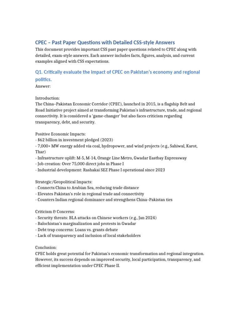 CPEC CSS PastPaper Questions Answers | PDF | Economies