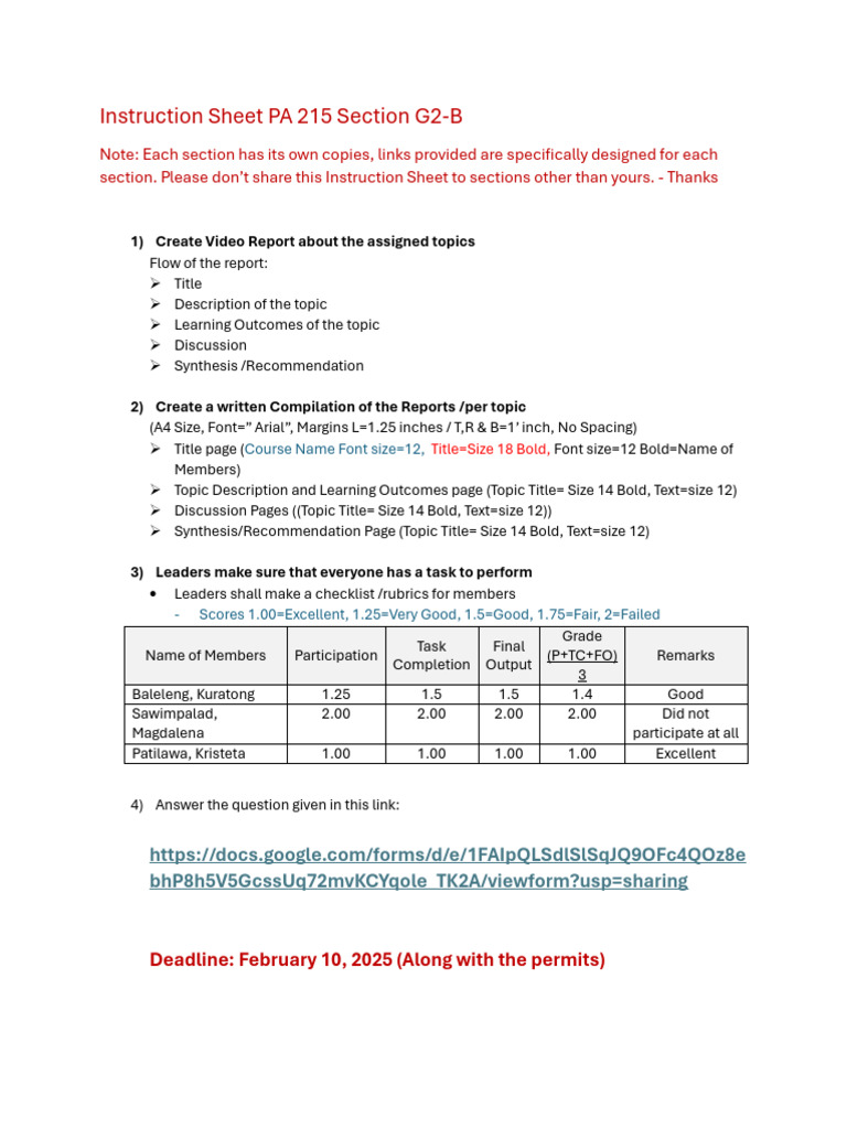 Instruction Sheet PA 215 Section G2-B | PDF