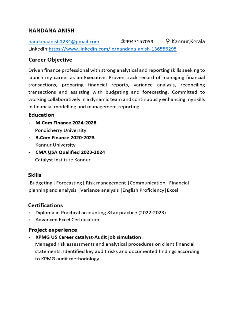 Nandana Anish-Resume-2-1 | PDF