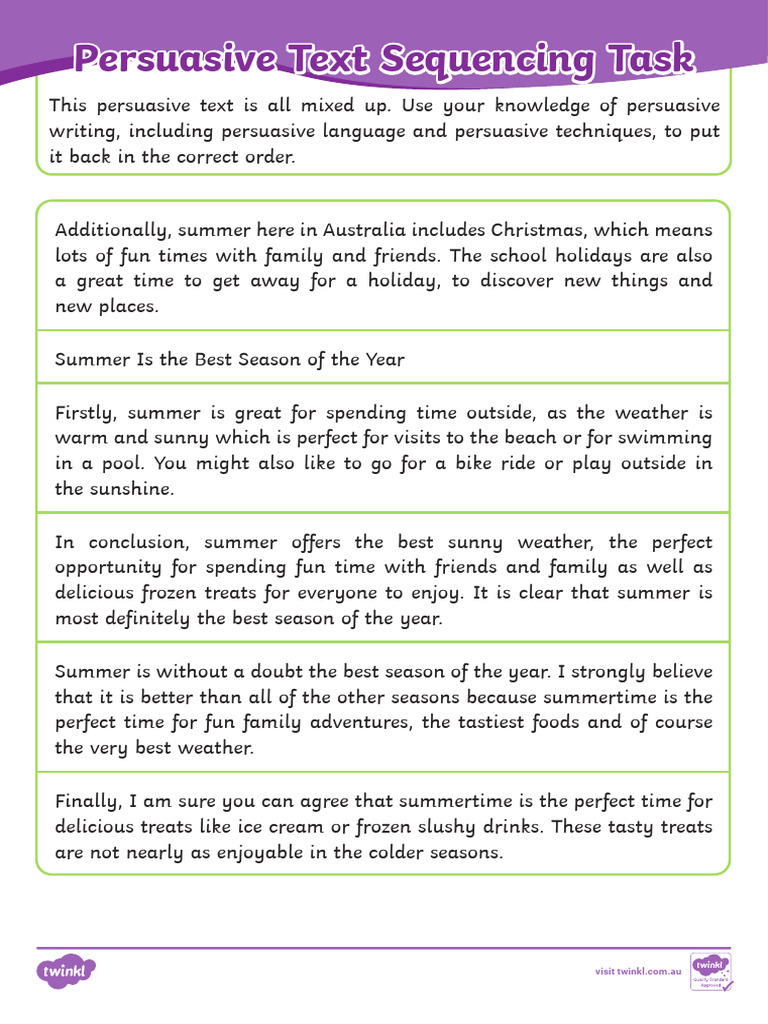 Au L 2549271 Persuasive Text Sequencing Task Ver 6 | PDF | Summer