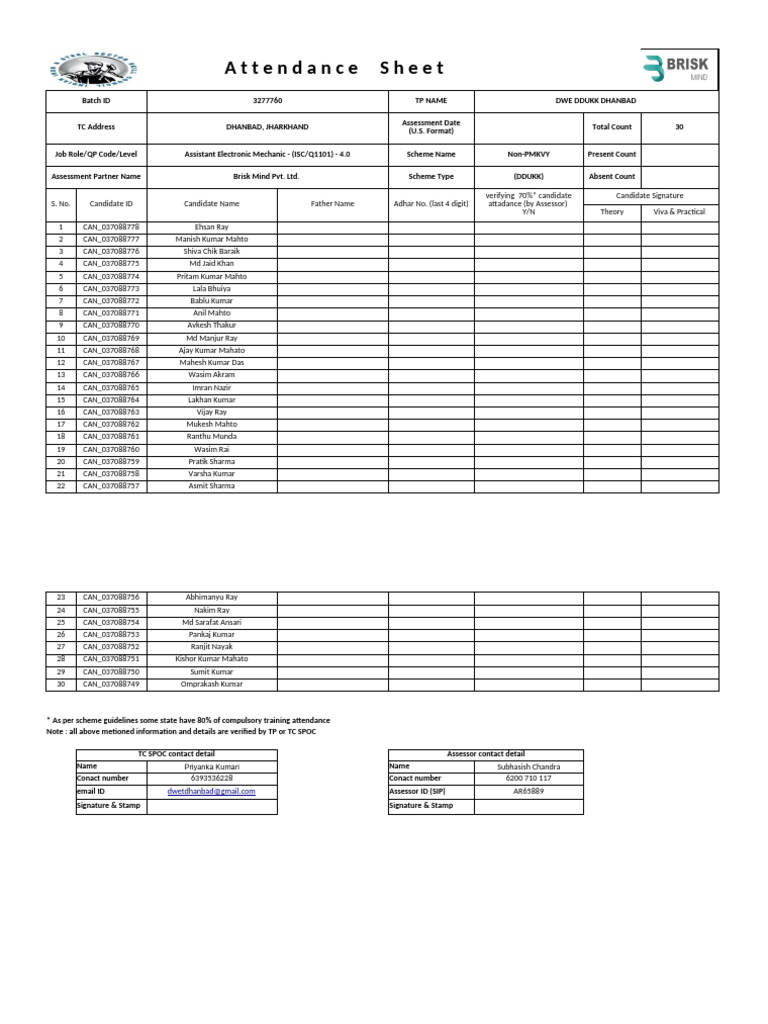 Attendance Sheet Batch-3277760 | PDF