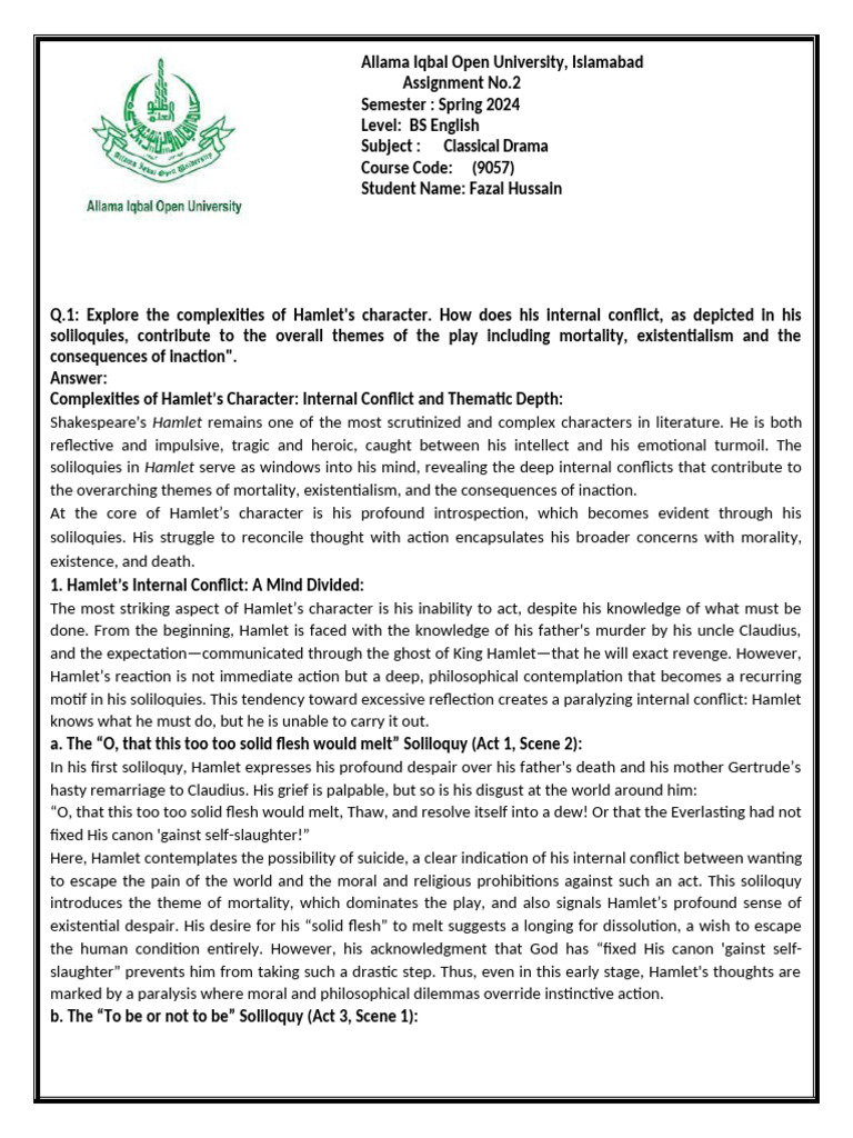 Classical Drama (9057) 2nd Assignment | PDF | Twelfth Night | Hamlet