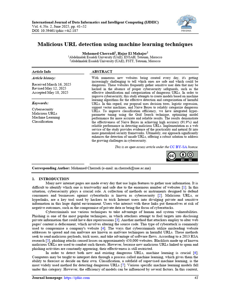 Malicious URL Detection Using Machine Learning Tec | PDF | Support Vector Machine | Machine Learning