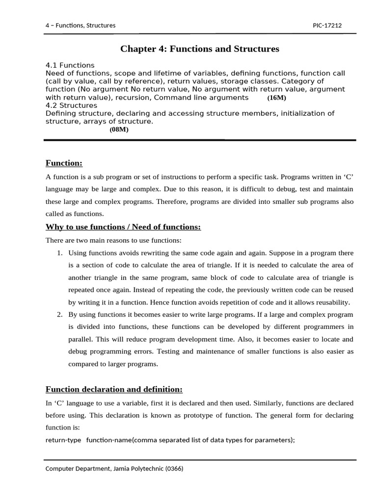 Ch-4 - Functins and Structures | PDF | Parameter (Computer Programming) | Scope (Computer Science)