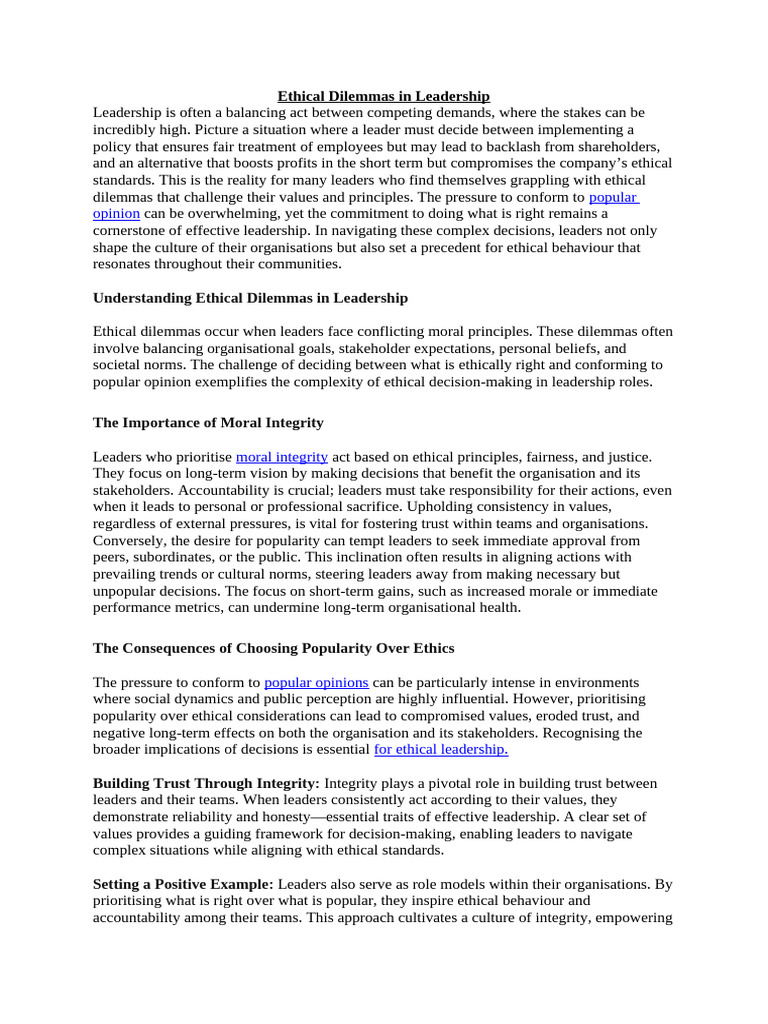 Ethical Dilemmas in Leadership | PDF | Leadership | Integrity