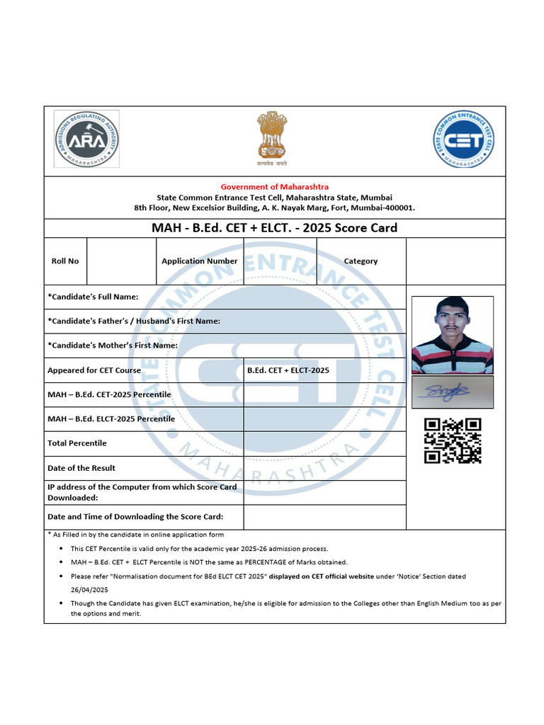 MAH B.Ed CET + ELCT 2025 Score Card | PDF