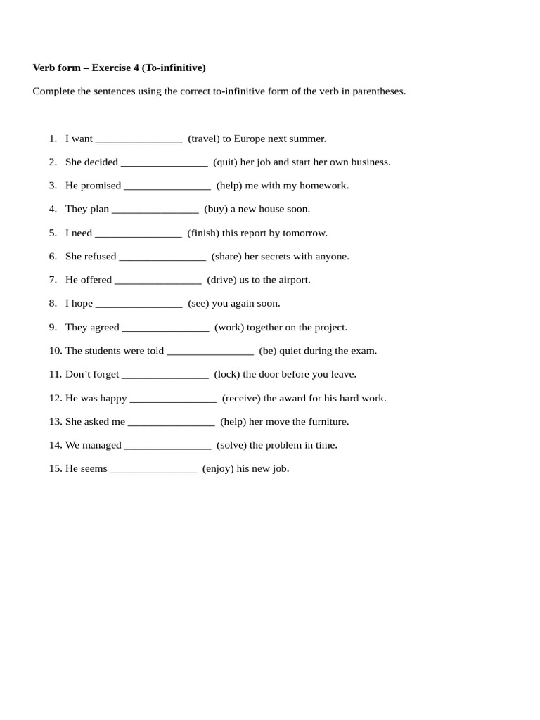 Verb Form - Exercise 4 (To-Infinitive) | PDF