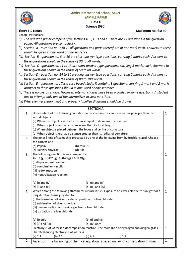 Class X Science Sample Paper | PDF | Refractive Index | Refraction