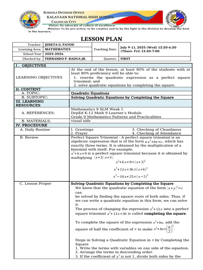 Quadratic Equations Lesson Plan | PDF | Factorization | Mathematical ...
