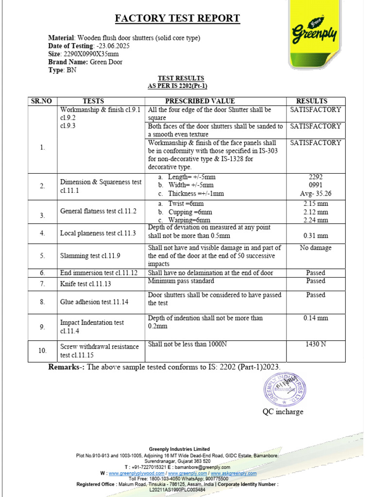 Flush Door Test Report Summary | PDF | Door