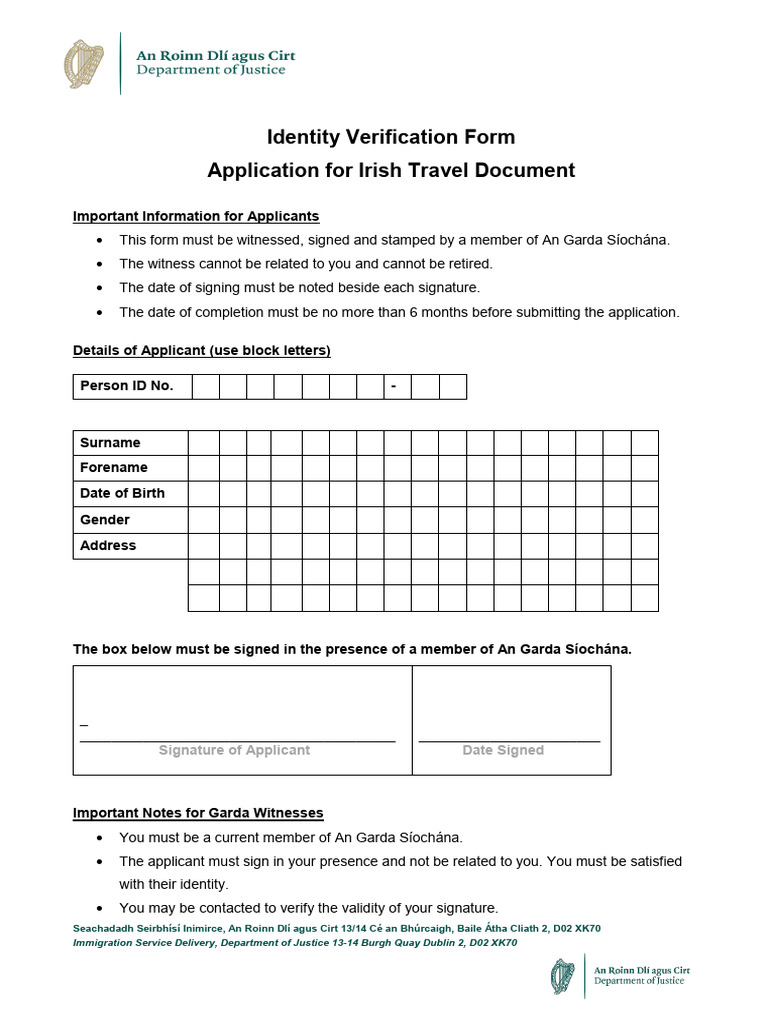 Irish Passport Identity Verification Form | PDF | Signature | National ...